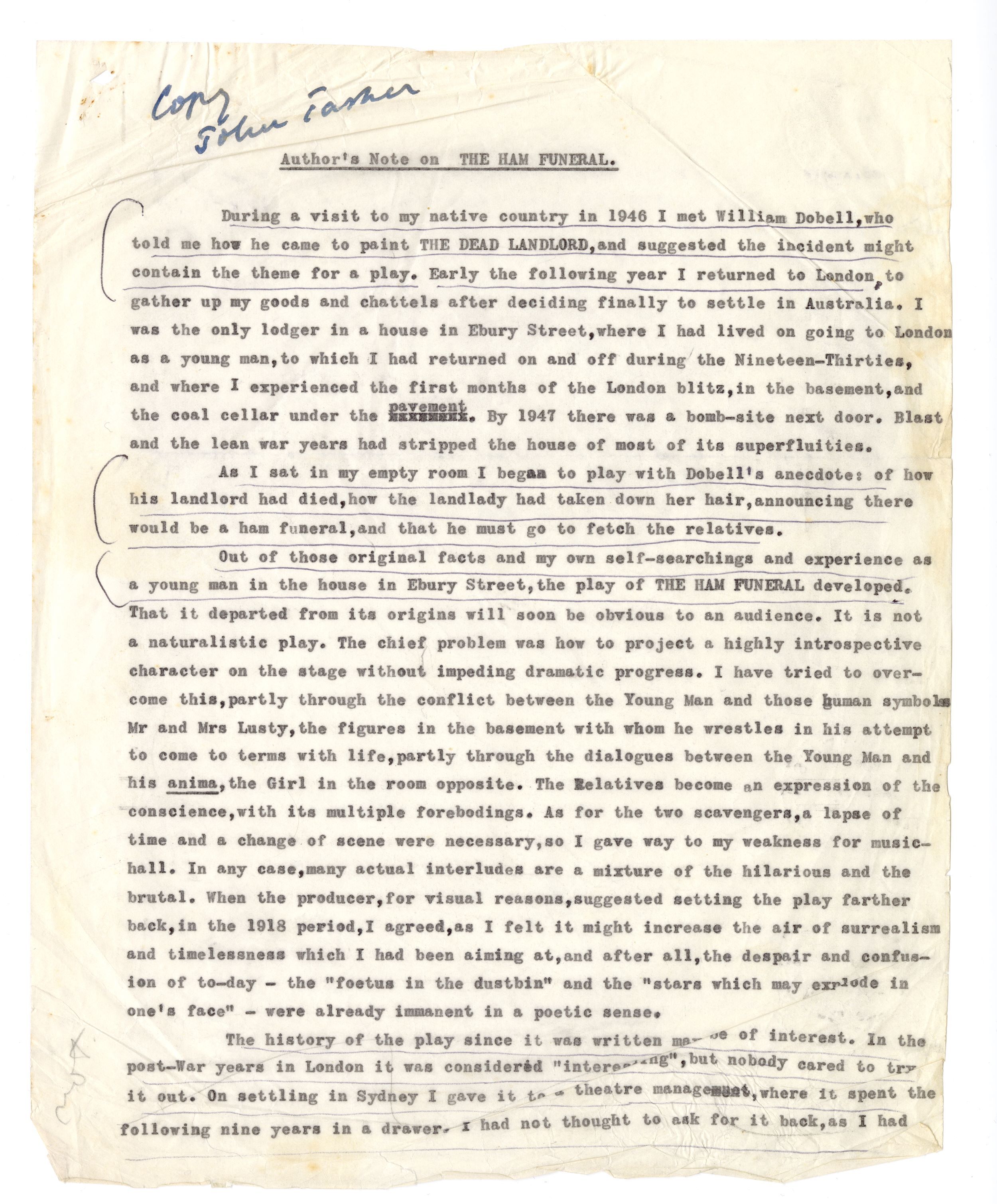 Author's note on The Ham Funeral, written by Patrick White, 1961 ...